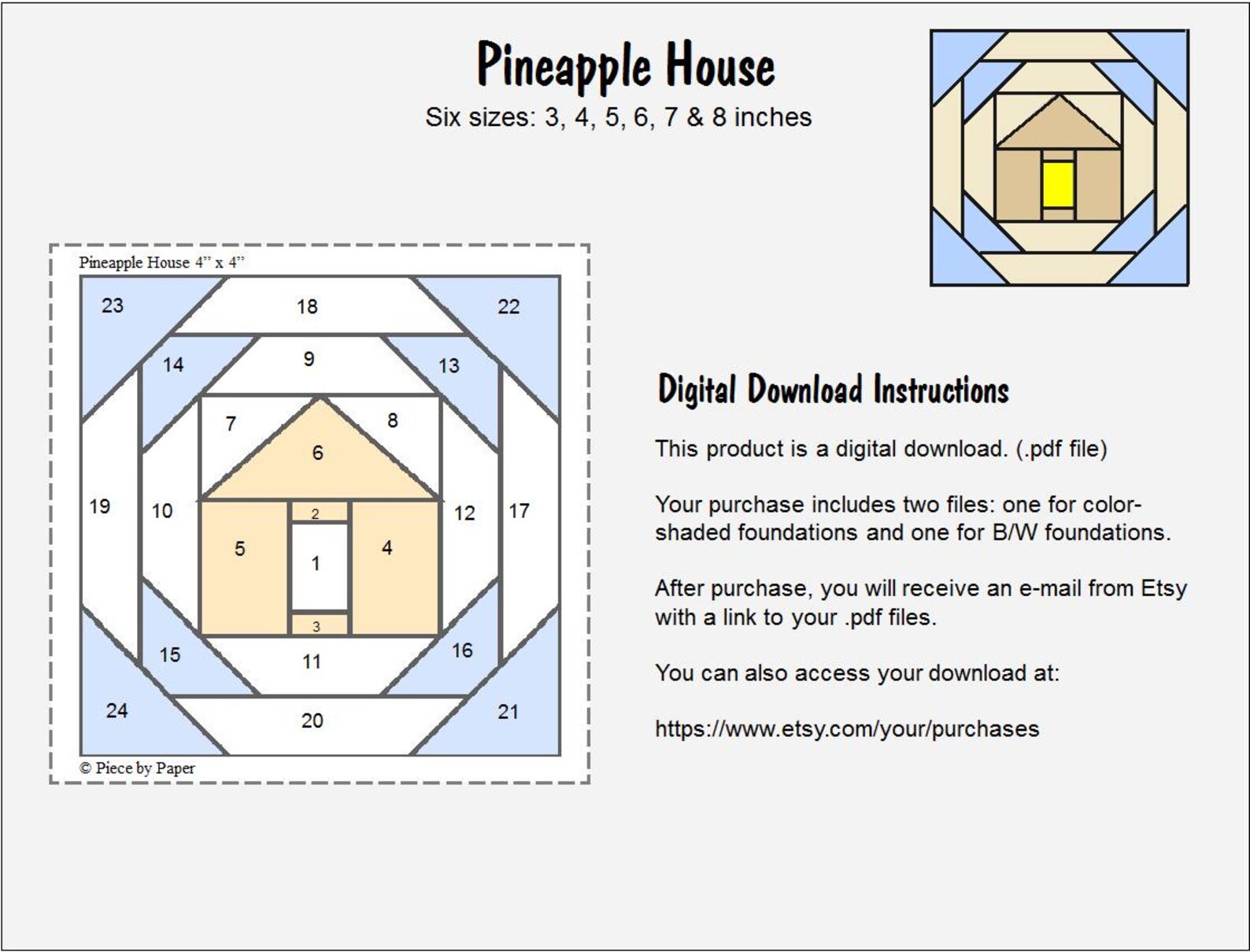 Pineapple House Quilt Block Pattern: Foundation Paper Piecing (PDF ...