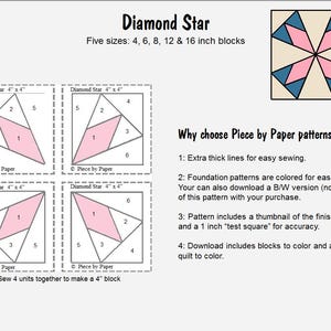 Diamond Star Quilt Block Pattern: Foundation Paper Piecing, 5 Sizes ...