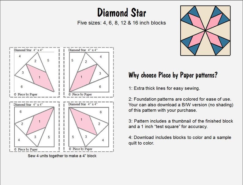 Diamond Star Quilt Block Pattern: Foundation Paper Piecing, 5 Sizes ...