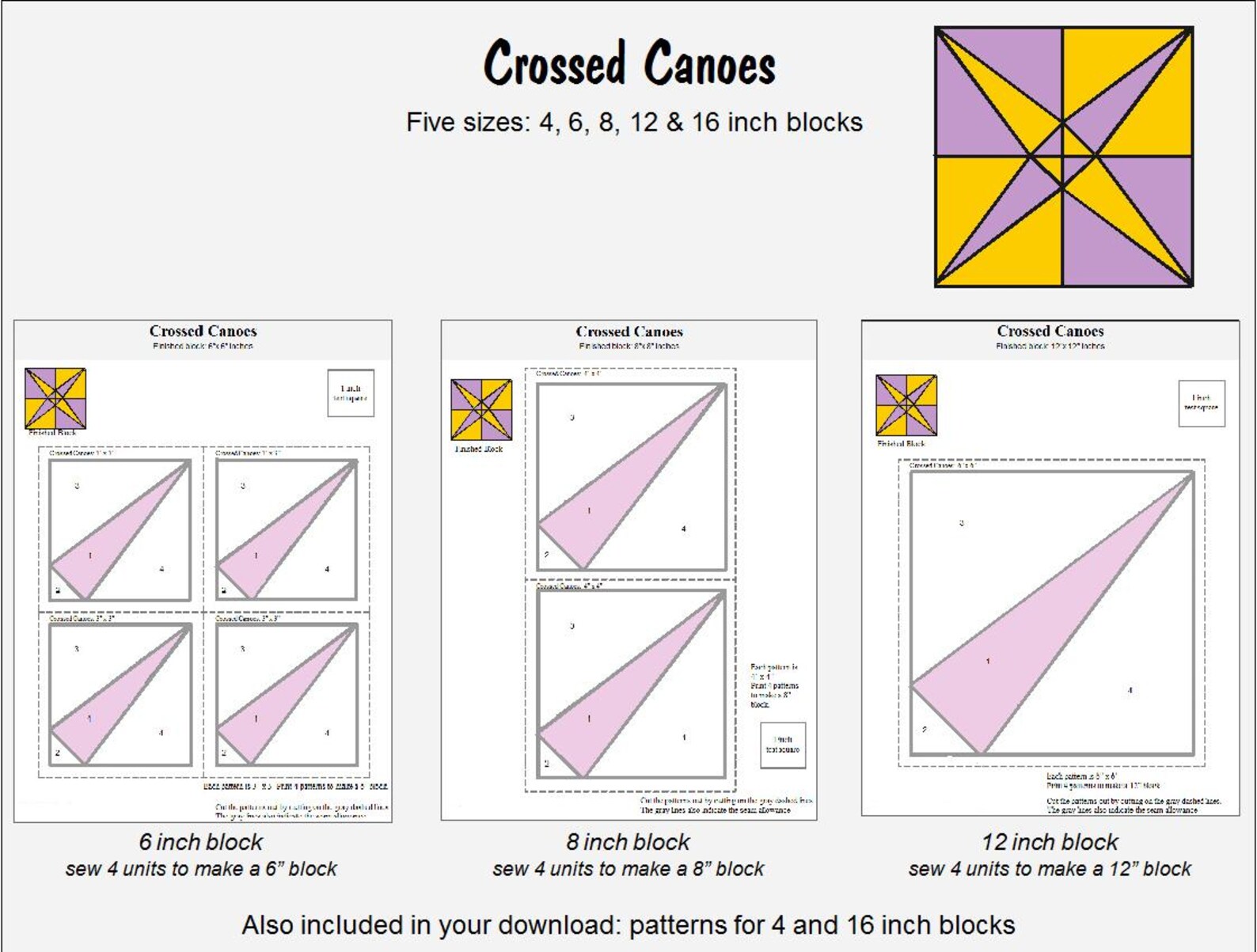 FPP Pattern: Crossed Canoes Block-- 5 Sizes, Foundation Paper-piecing ...