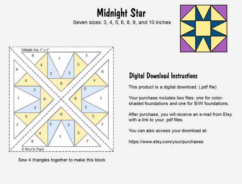 Midnight Star Quilt Block Pattern: Foundation Paper Piecing, 7 Sizes ...