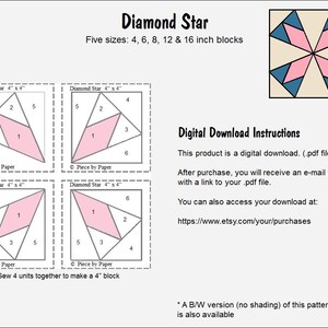 FPP Pattern: Diamond Star Block-- 5 Sizes, Foundation Paper-piecing ...
