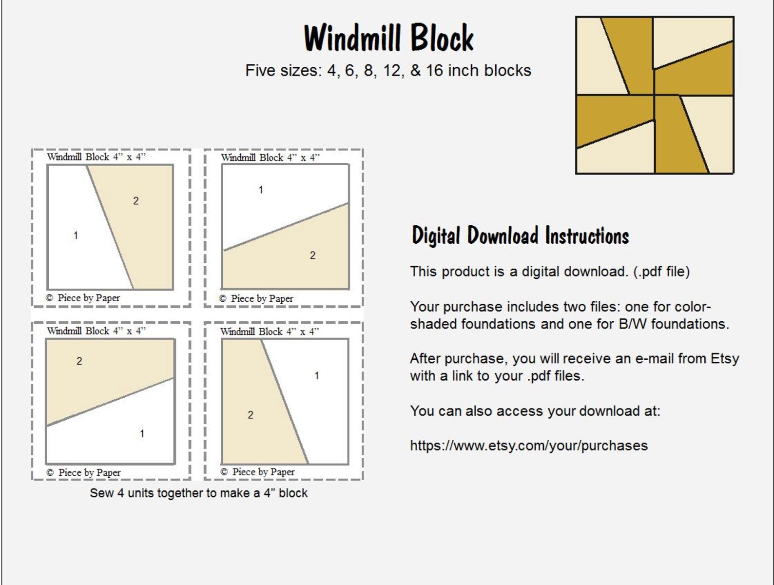 Windmill Quilt Block: Foundation Paper Piecing Pattern (PDF Download ...