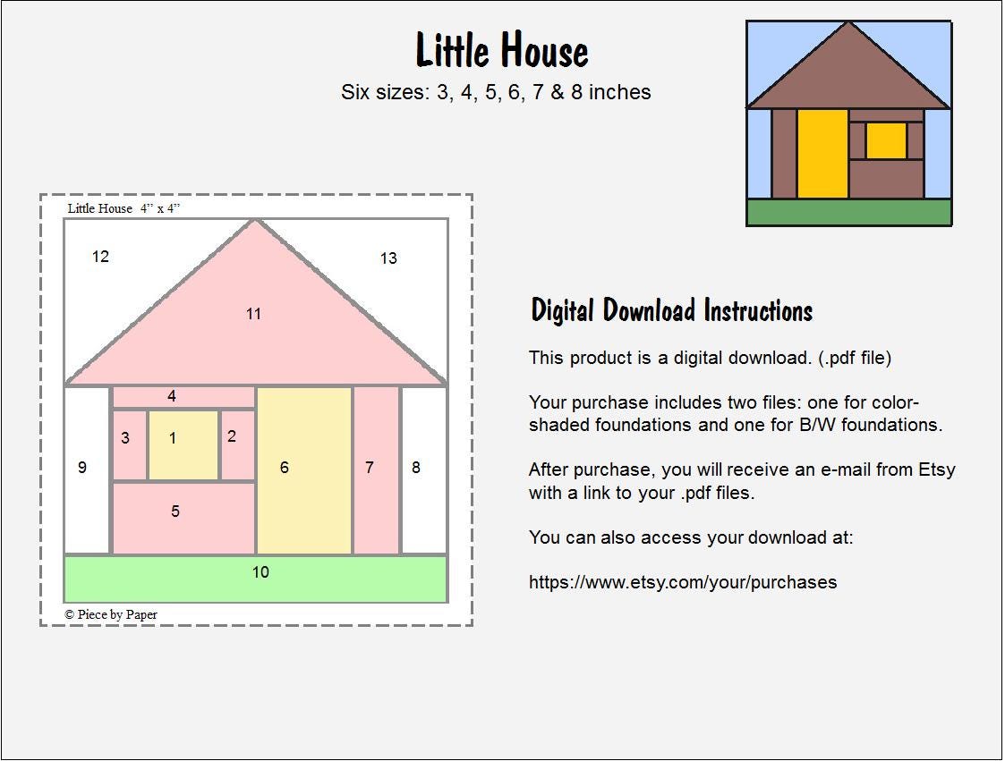 Little House Block: Foundation Paper Piecing Pattern, 6 Sizes (PDF ...