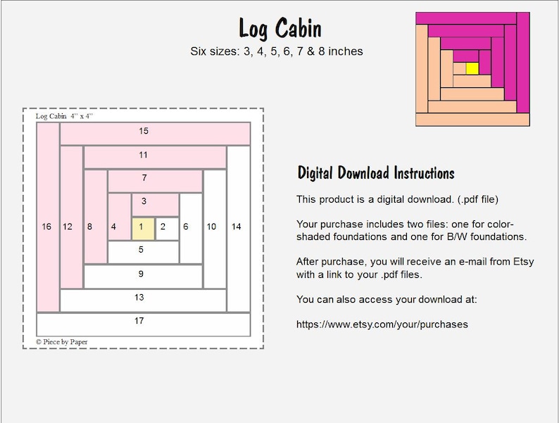 Log Cabin Block FPP Pattern: 6 Sizes (PDF Download) - Etsy