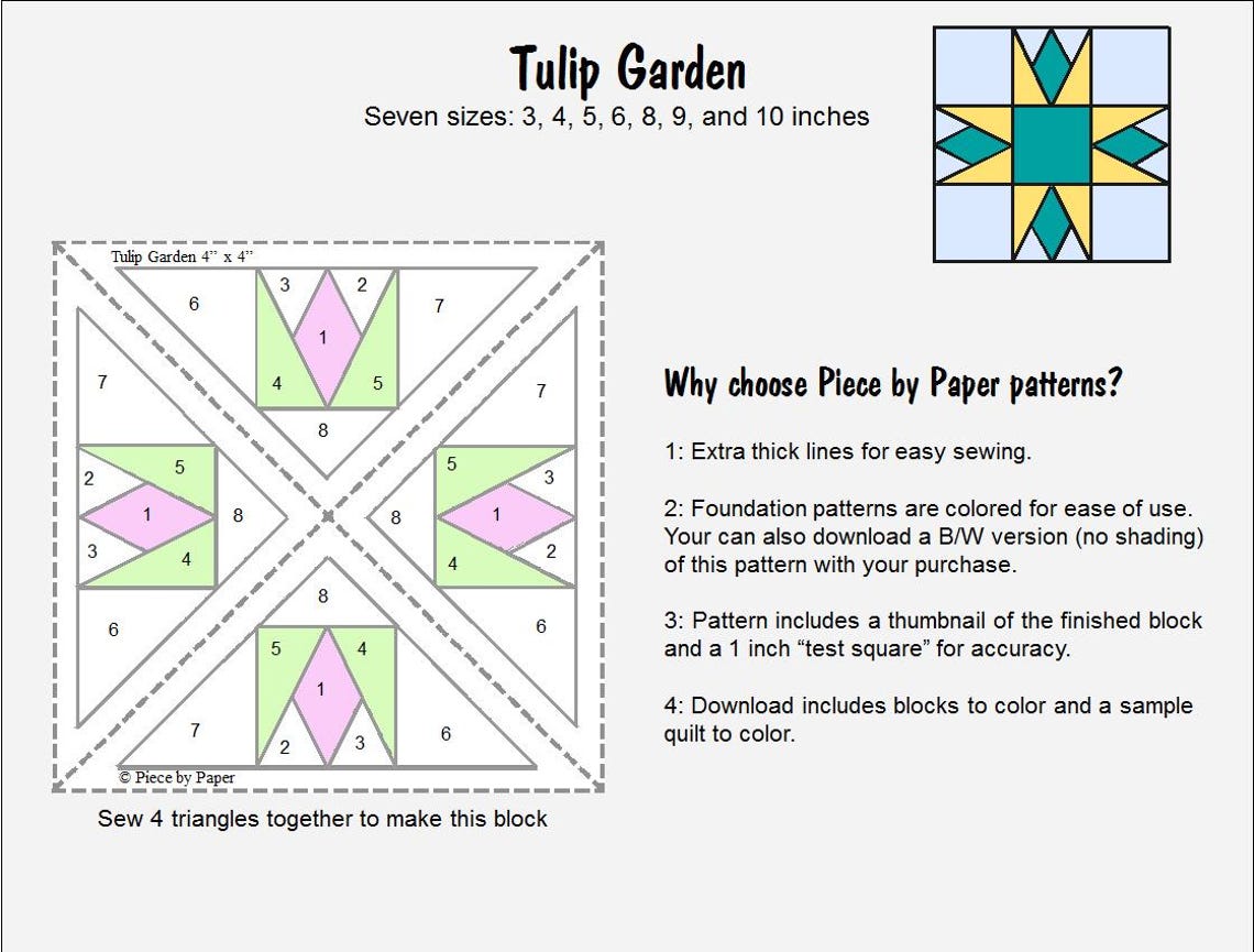 FPP Pattern: Tulip Garden Block-- 7 Sizes, Foundation Paper-piecing ...