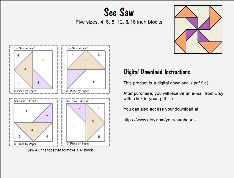 FPP Pattern: See Saw Block-- 5 Sizes, Foundation Paper-piecing Pattern ...