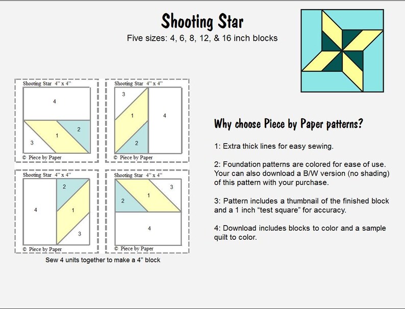 FPP Pattern: Shooting Star Block-- 5 Sizes, Foundation Paper-piecing ...