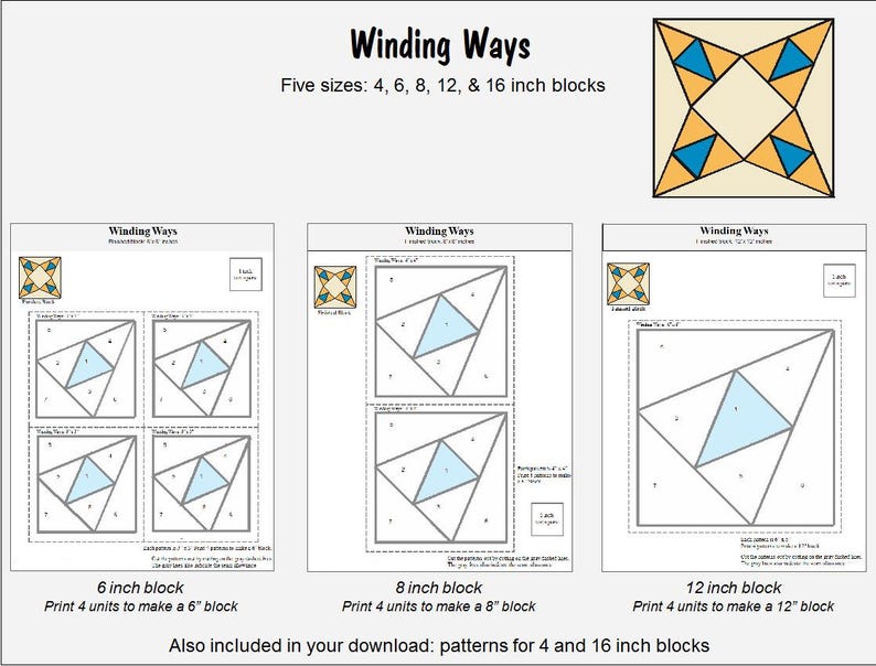 FPP Pattern: Winding Ways Block-- 5 Sizes, Foundation Paper-piecing ...