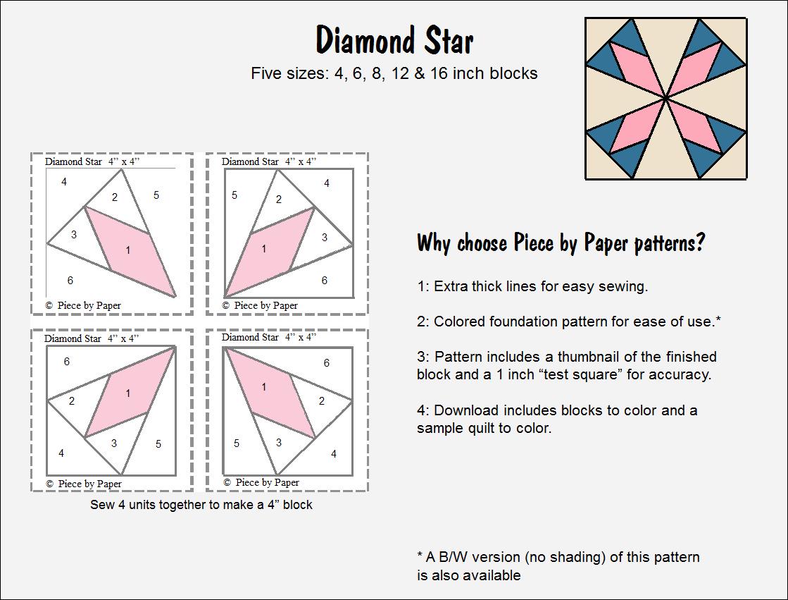 FPP Pattern: Diamond Star Block-- 5 Sizes, Foundation Paper-piecing ...