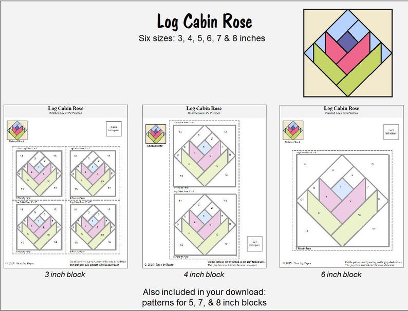 FPP Pattern: Log Cabin Rose -- 6 Sizes, Foundation Paper-piecing ...