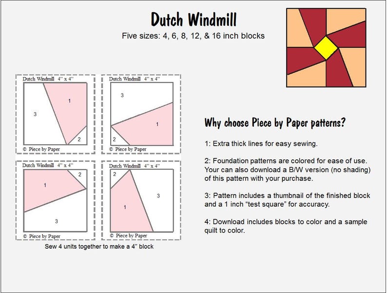 Dutch Windmill Quilt Block: 5-size Paper Piecing Pattern (PDF Download ...
