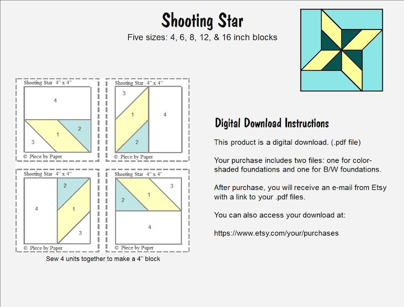 Shooting Star Quilt Block Pattern: 5 Sizes, Foundation Paper Piecing ...