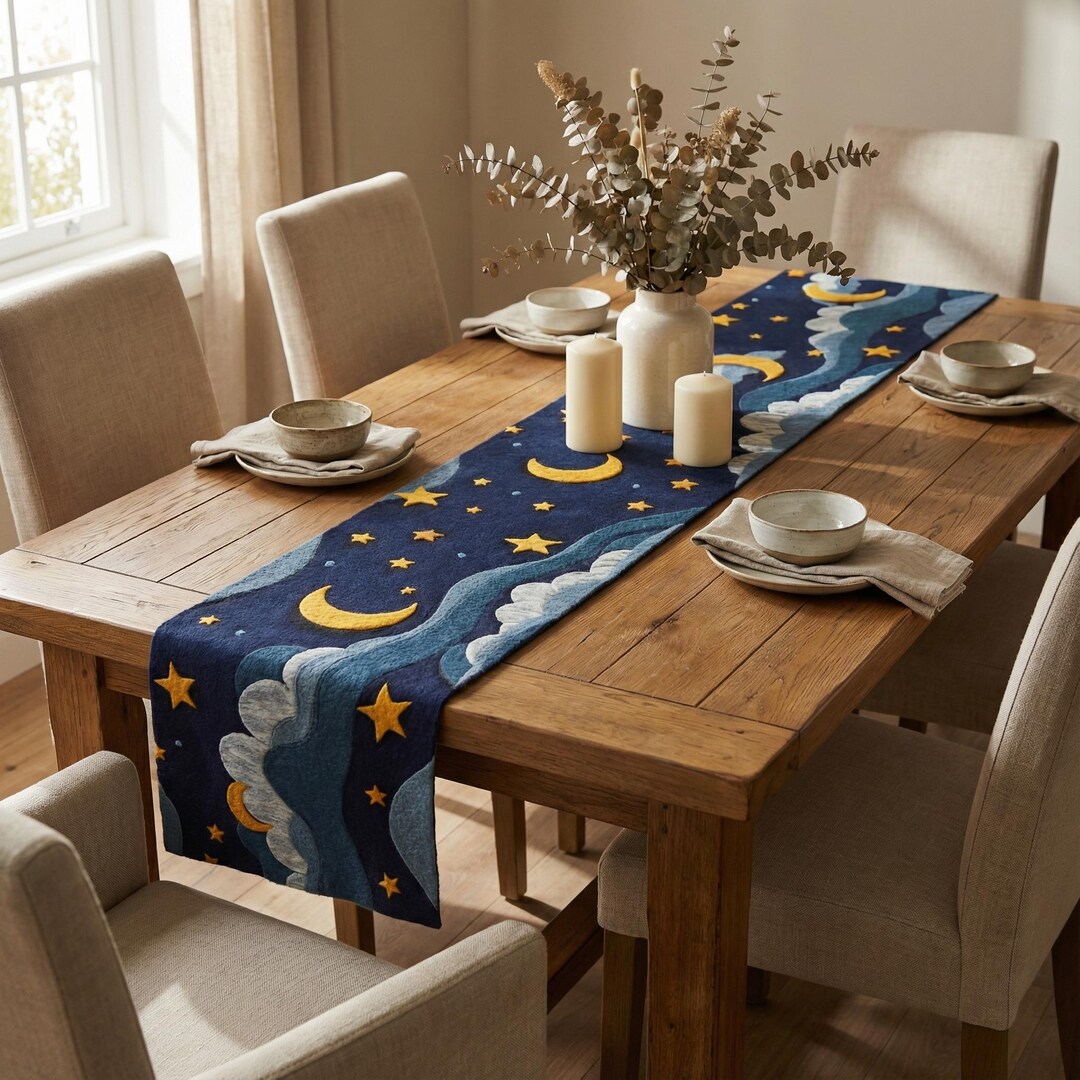 Celestial Moon Table Runner | Navy Blue Stars and Clouds - Etsy