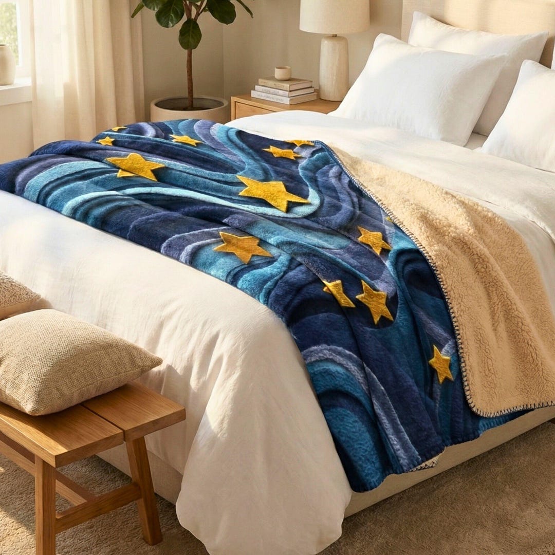 Midnight Starfall Waves Sherpa Blanket Night Sky Stars Wool Felt Style ...