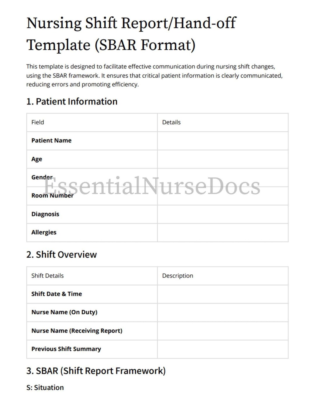 Nursing Shift Report Template | Editable SBAR Format | Nursing Handoff ...