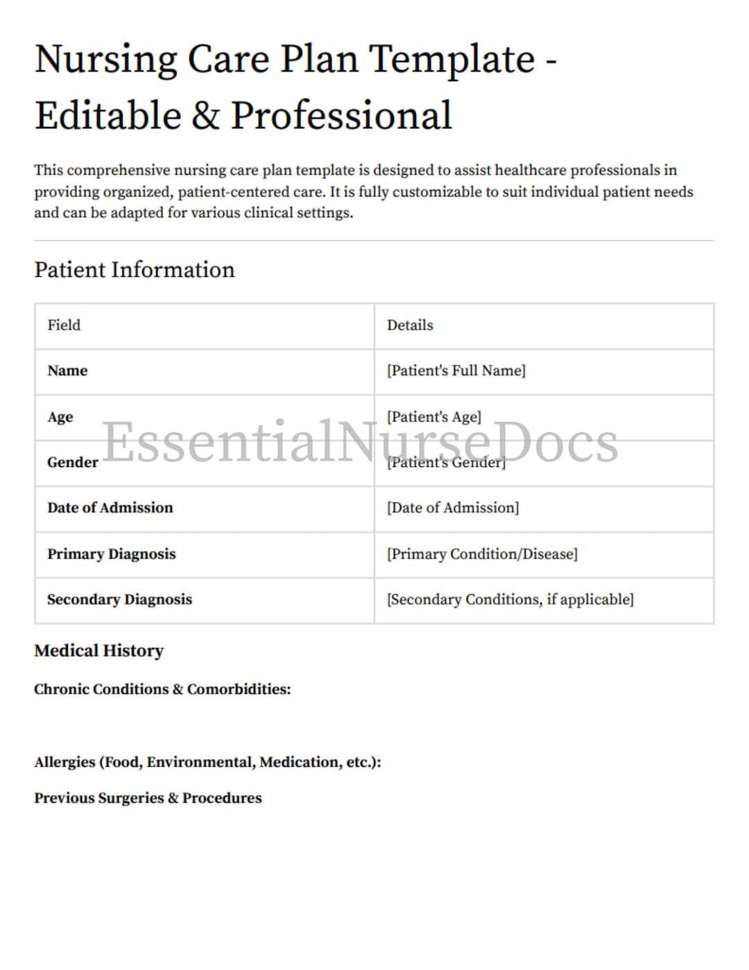 Editable Nursing Care Plan Template | Professional & Customizable - Etsy
