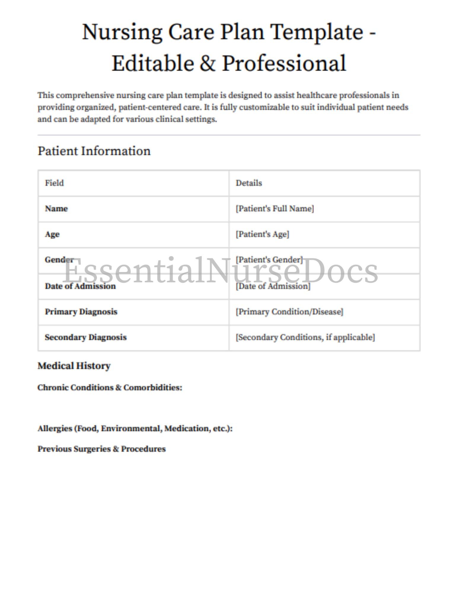 Editable Nursing Care Plan Template | Professional & Customizable - Etsy