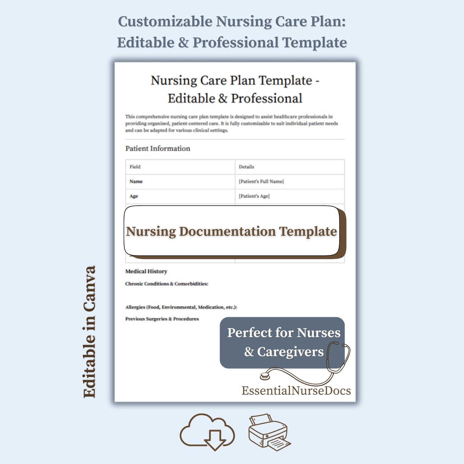 Editable Nursing Care Plan Template | Professional & Customizable - Etsy