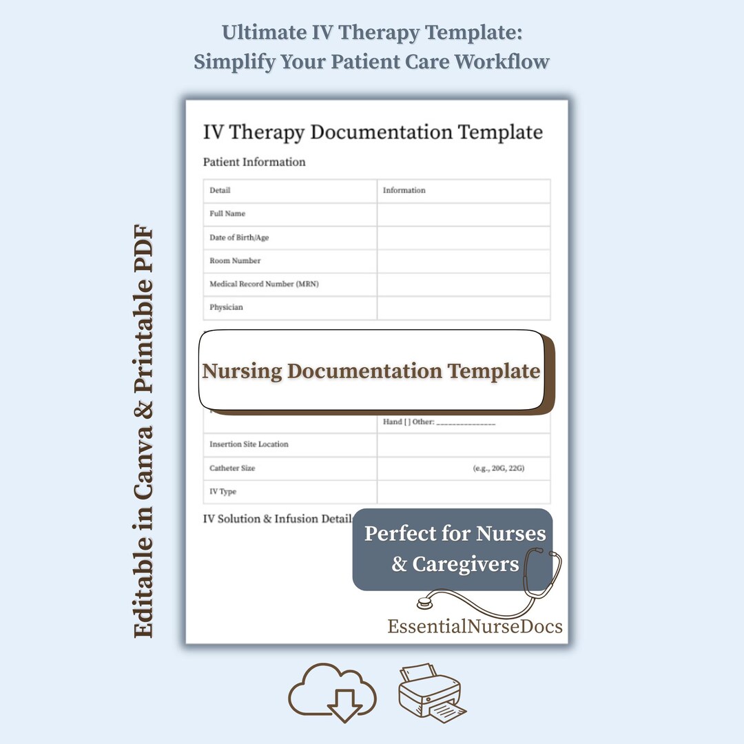 IV Therapy Documentation Template | Editable Canva & PDF | IV Access ...