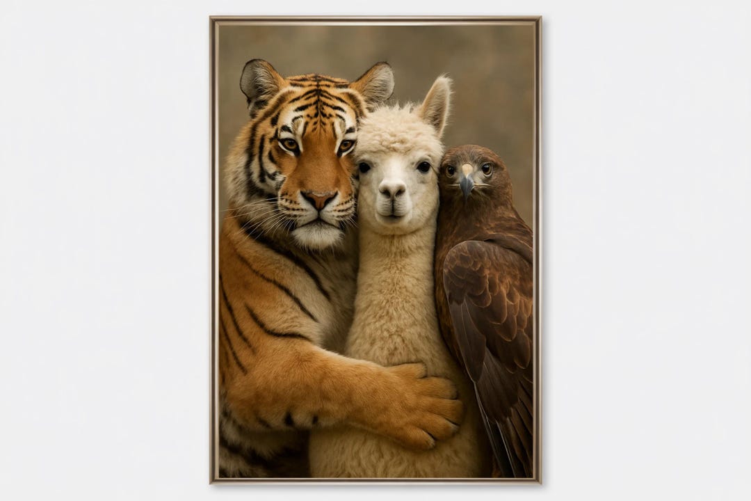Tiger Llama Hawk Animal Friendship Wall Art, Wildlife Friends Vertical ...