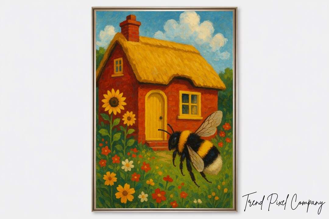 Bumblebee Cottage Garden Art Print: Whimsical Nursery Decor (digital ...