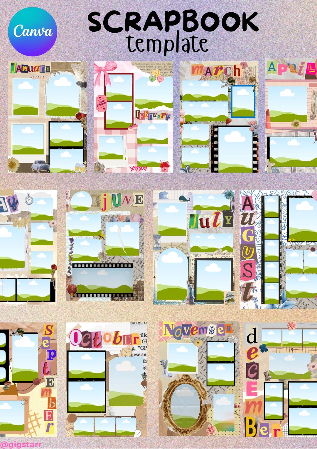 Digital Scrapbook Template Bundle | 12-month Canva Scrapbook Templates ...