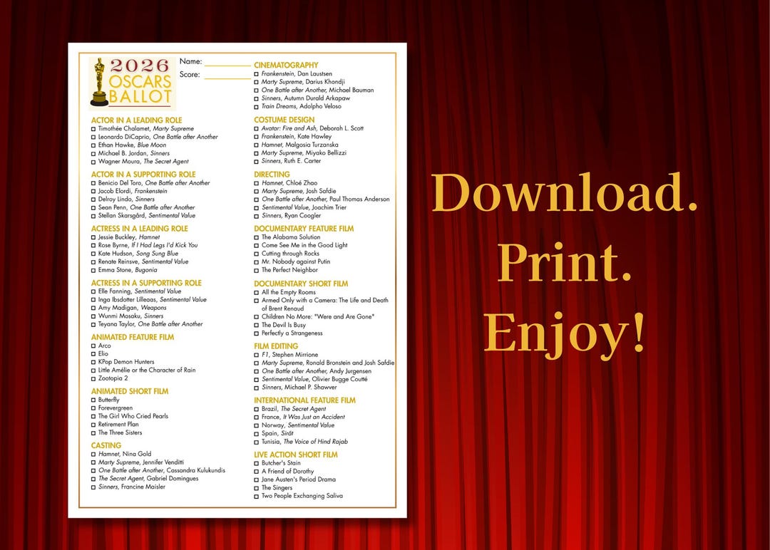 2026 Oscars Predictions Ballot – Printable Academy Awards Party Game - Etsy