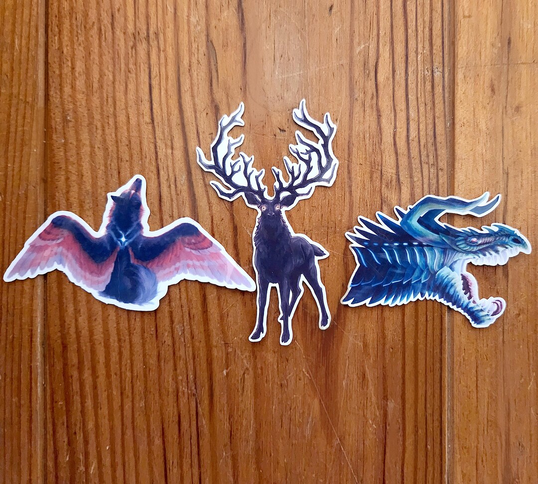 Fantasy Sticker Pack : Blue and Pink Winged Wolf, Black Deer With ...