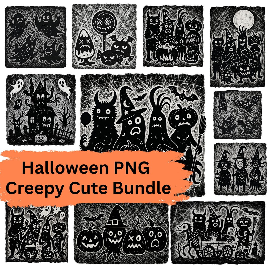 12 Creepy Cute PNG Halloween Designs Bundle, Folk Art, Sublimation 300 ...