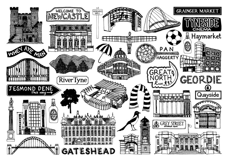 Newcastle Black and White Illustrated Blank Greeting Card - Etsy