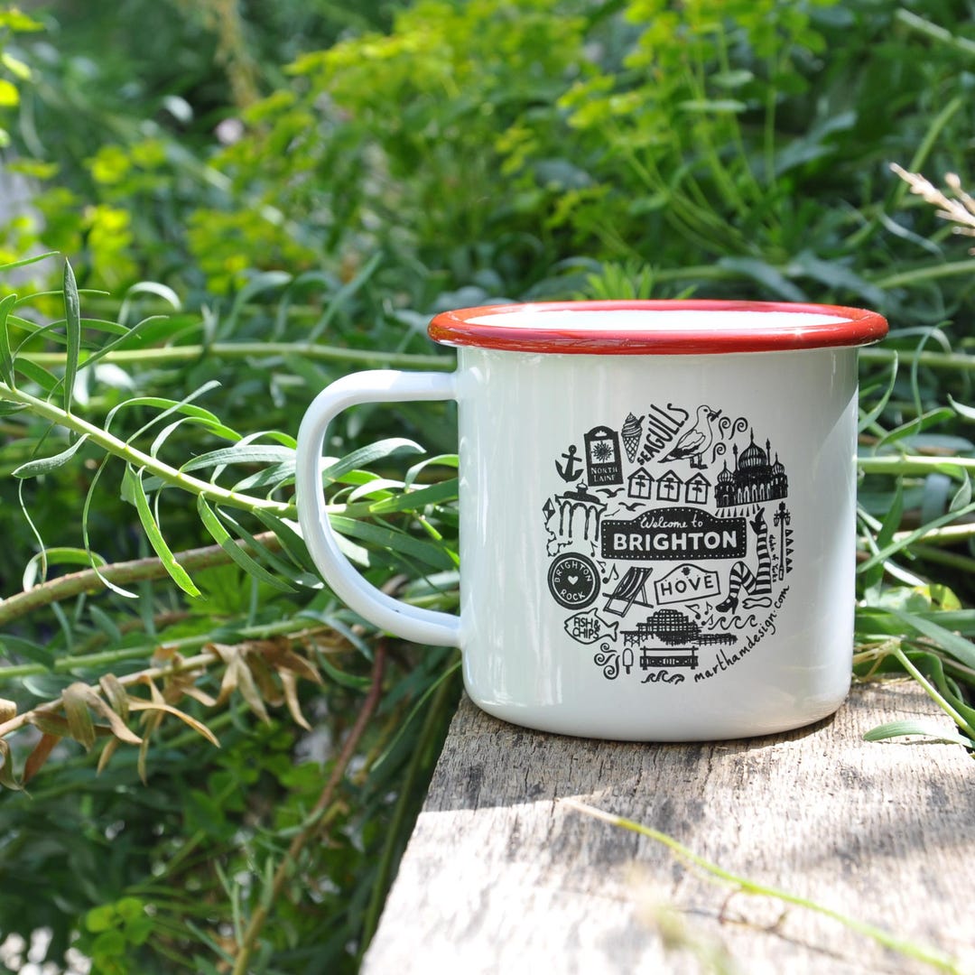 Brighton and Hove Enamel Etched Mug, Red Rim, White Mug - Etsy