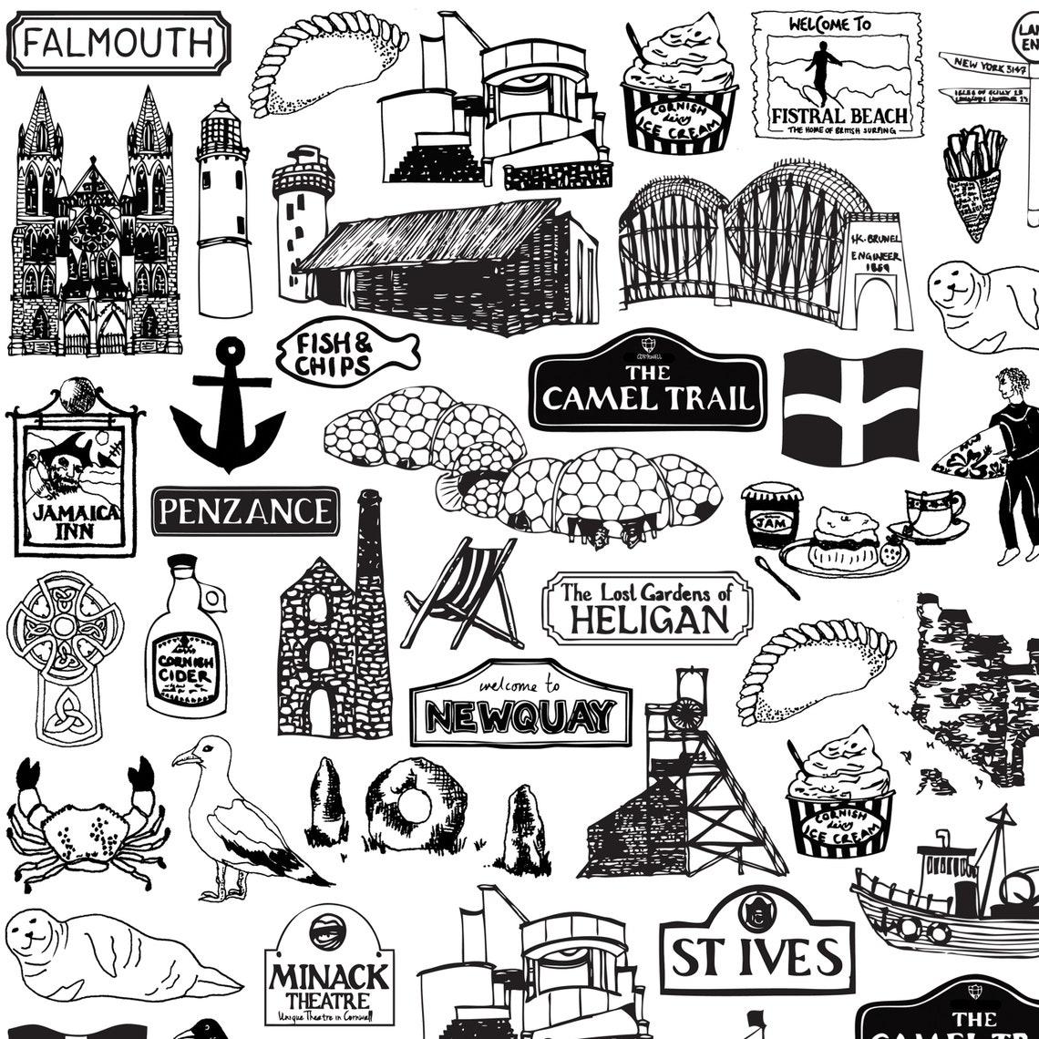 Cornwall Illustrated Black and White Print | Etsy