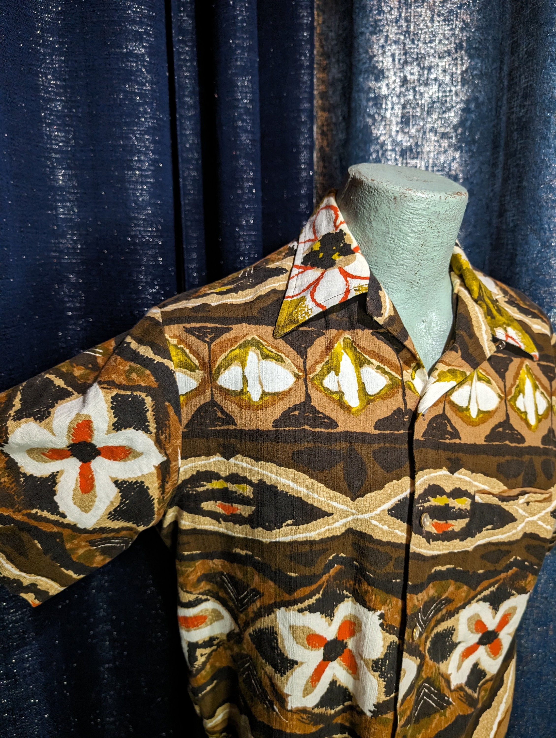 1960s Mens Hawaiian Vintage IOLANI Shirt Tiki 60s Hapa Jac Hawaii Tropical Tapa Barkcloth Bark ...
