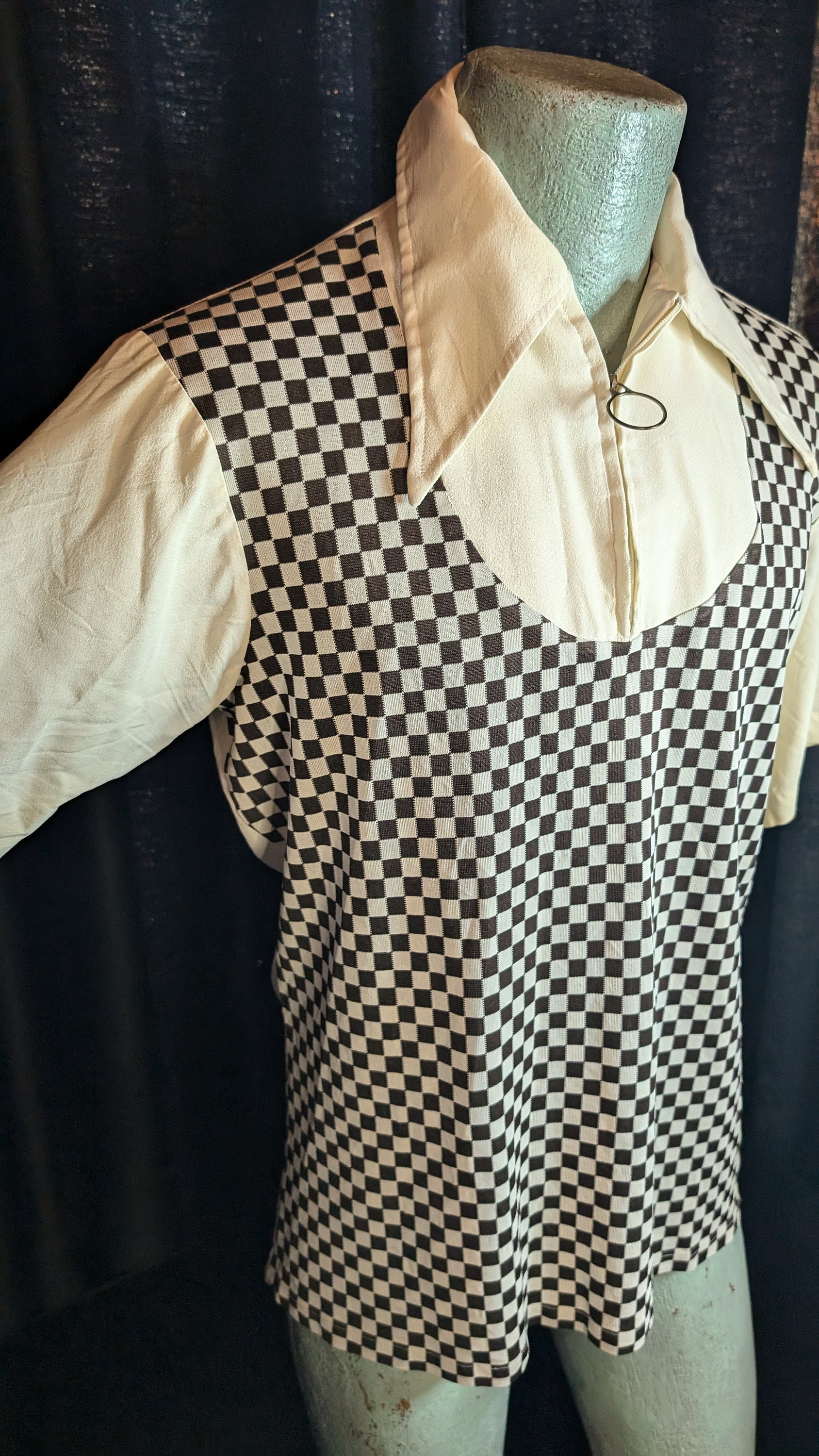 EUC Vintage Mens MOD Shirt 1960s Op Art Checkered Polo Zip up Dagger ...