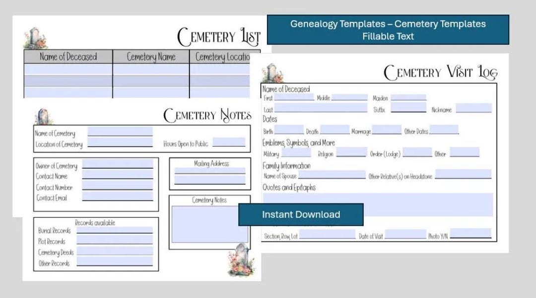 Cemetery Research Templates Fillable Pdfs - Genealogy Forms - Cemetery ...