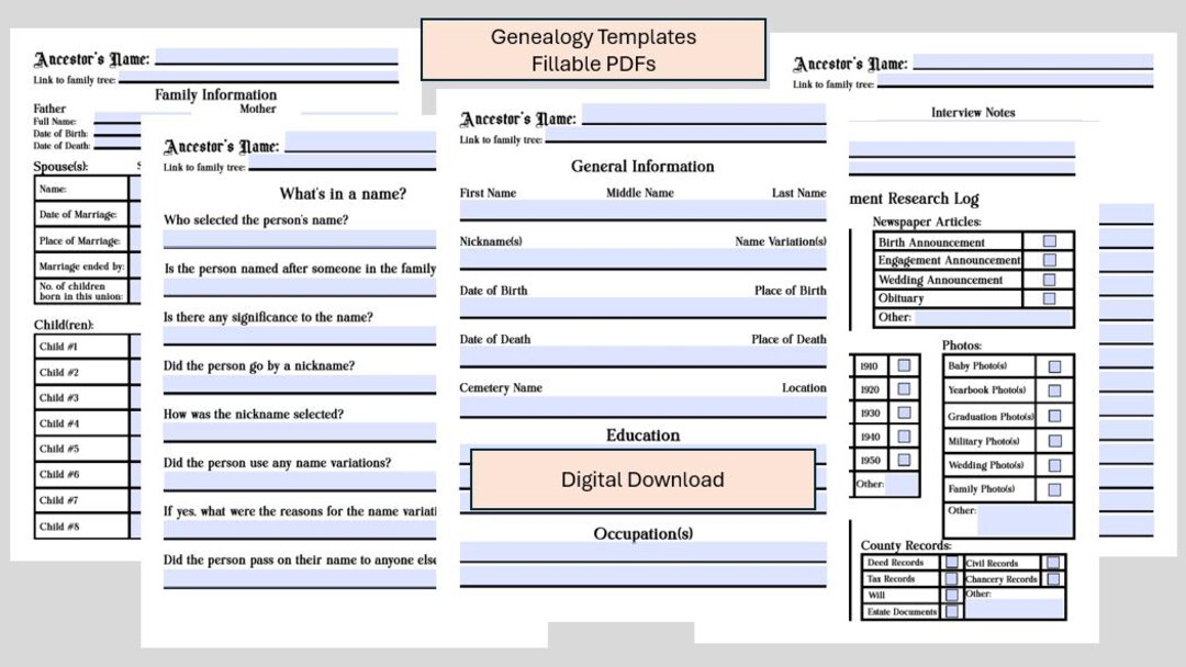 Genealogy Research Templates: Fillable Family History Forms (pdfs) - Etsy