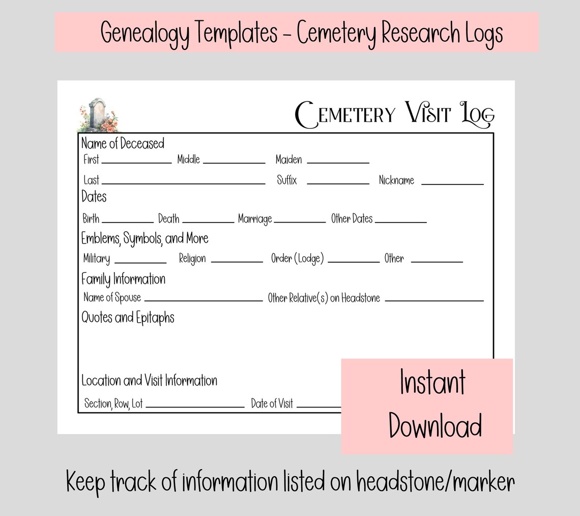 Cemetery Research Templates - Genealogy Forms - Cemetery Visit ...
