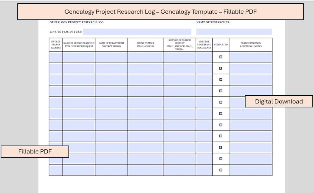 Genealogy Research Log Fillable PDF - Genealogy Forms - Genealogy ...