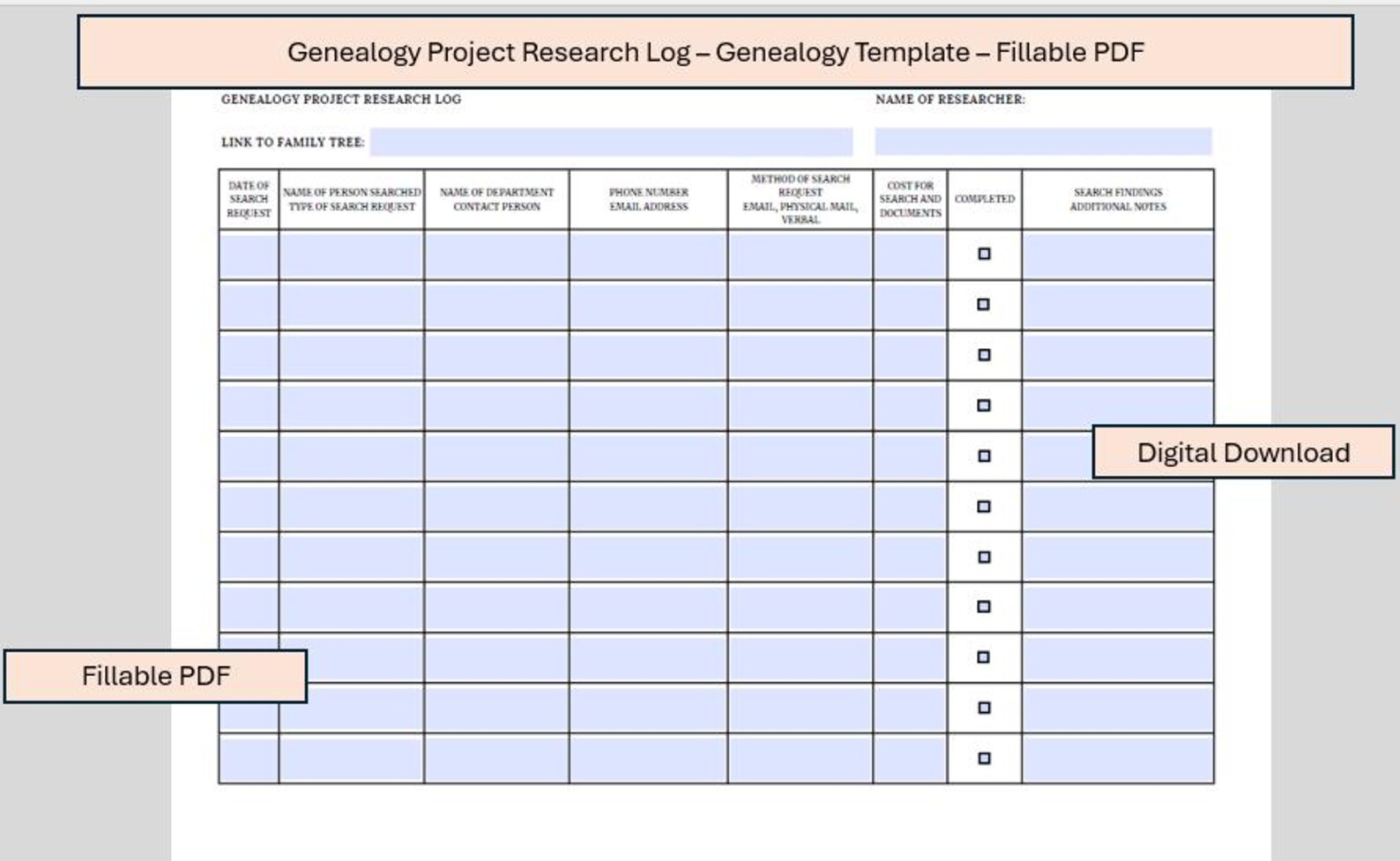 Genealogy Research Log Fillable PDF - Genealogy Forms - Genealogy ...
