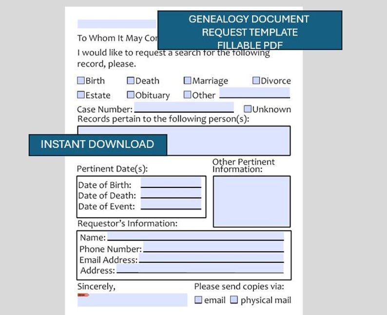 Fillable Genealogy Document Request Form: PDF Template (digital ...