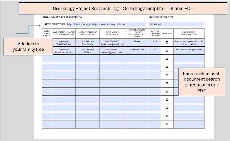 Genealogy Research Log Fillable PDF - Genealogy Forms - Genealogy ...