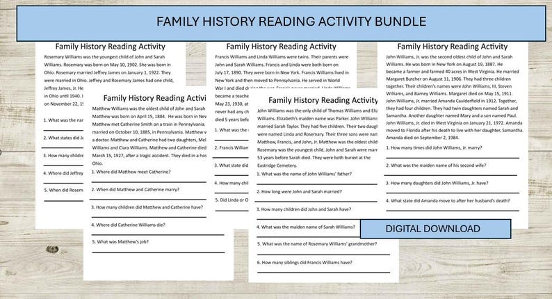 Family History Reading Comprehension Worksheet Bundle for Children ...