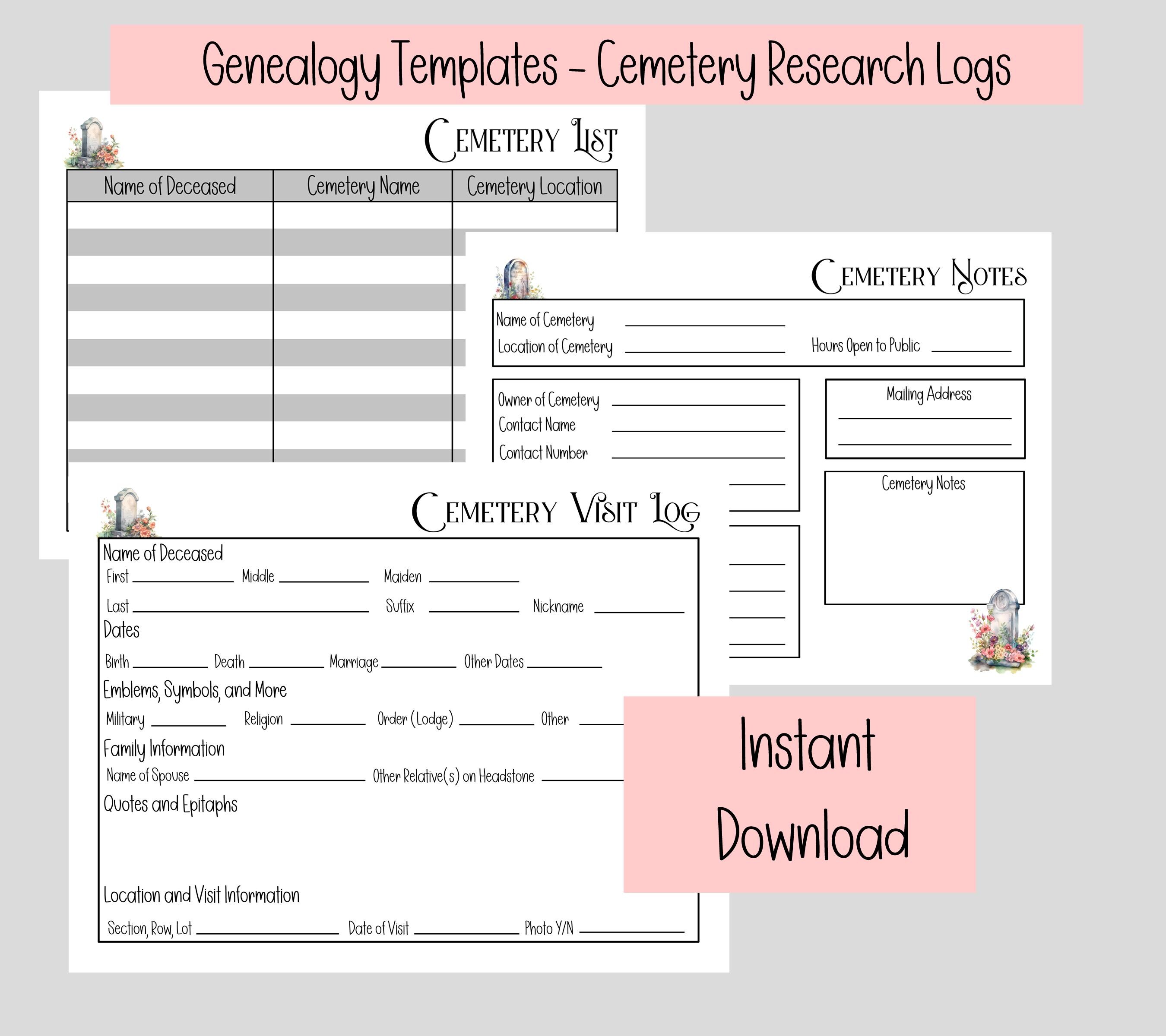 Cemetery Research Templates - Genealogy Forms - Cemetery Visit ...