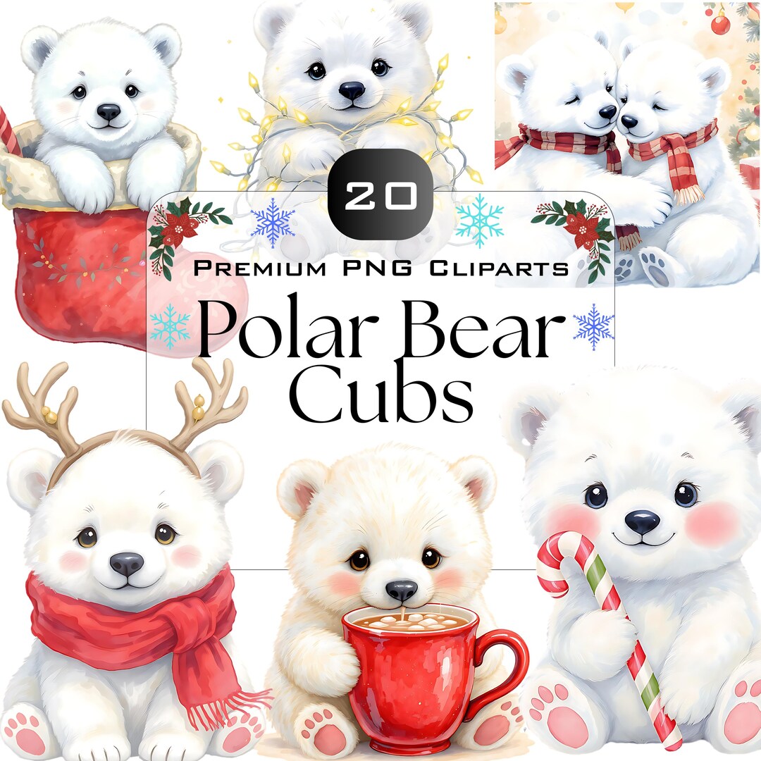 Watercolor Christmas Polar Bear Cub Clipart Bundle: 20 Pngs - Etsy