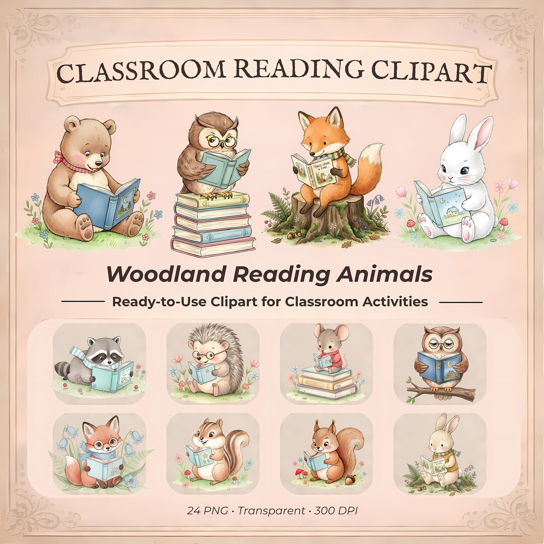 Vintage Woodland Reading Animals Clipart, Teacher Literacy Graphics (24 ...