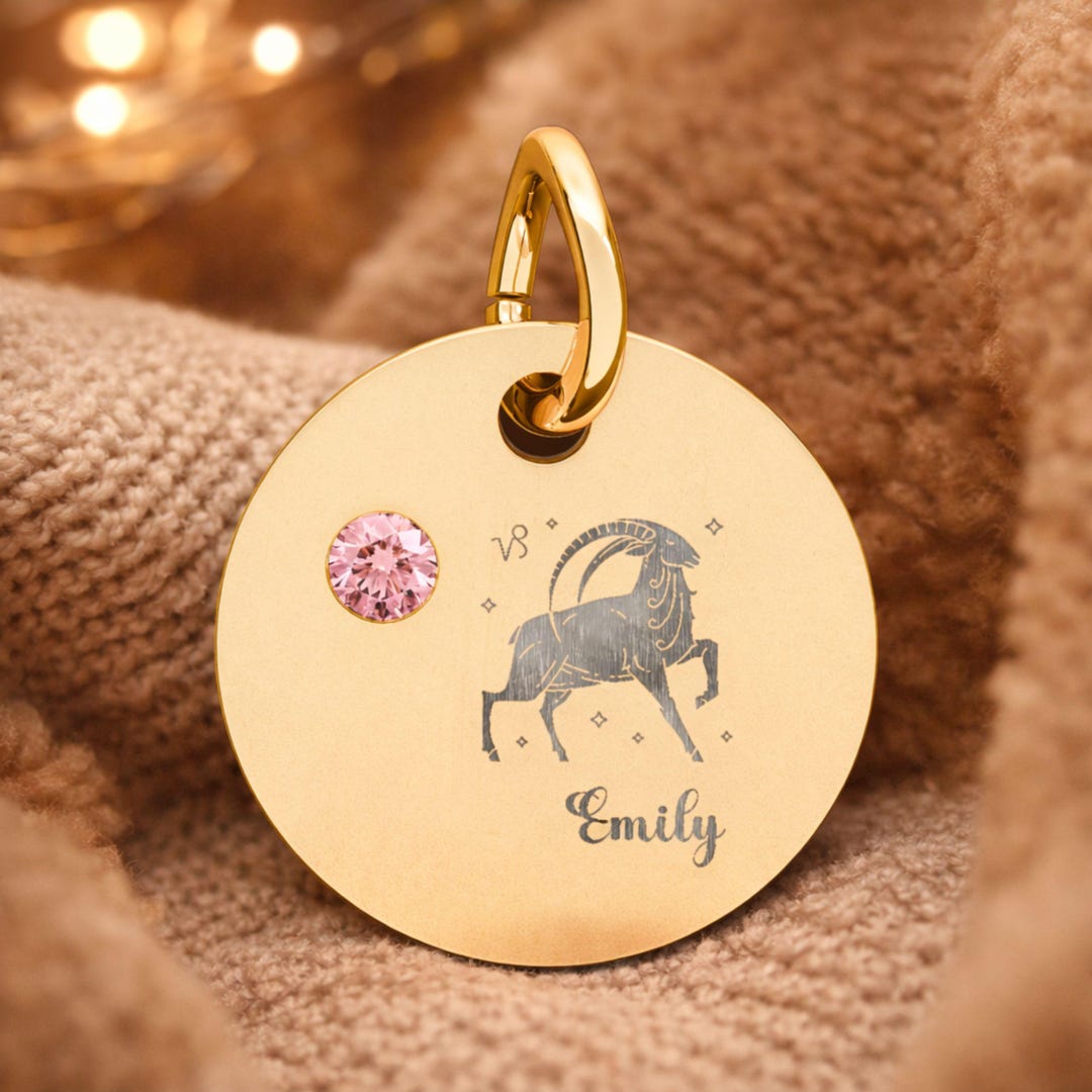 Personalized Capricorn Birthstone Circle Charm Pendant, Garnet or ...