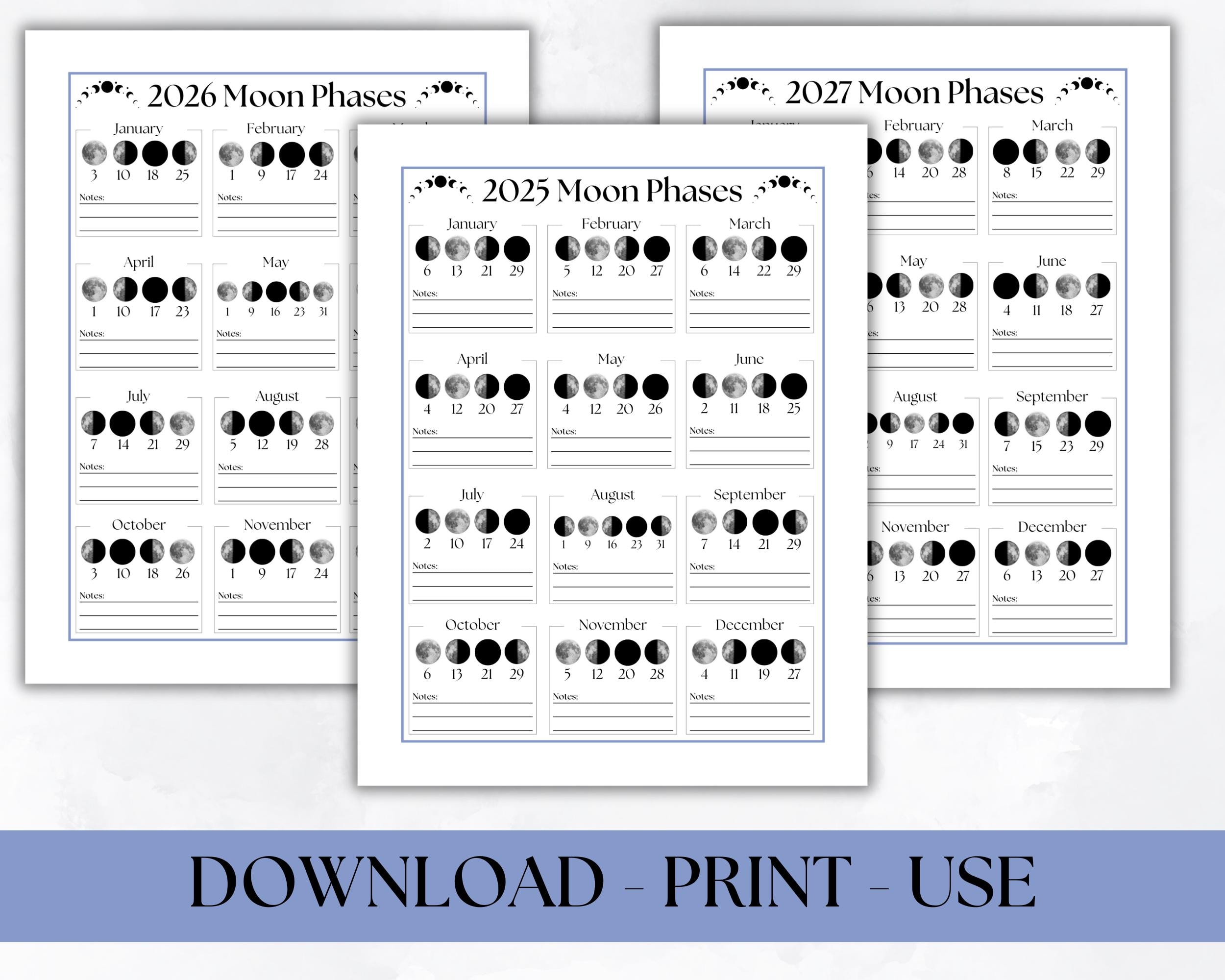 Moon Phase Calendar Printable, Moon Phases Calendar, Lunar Phase ...