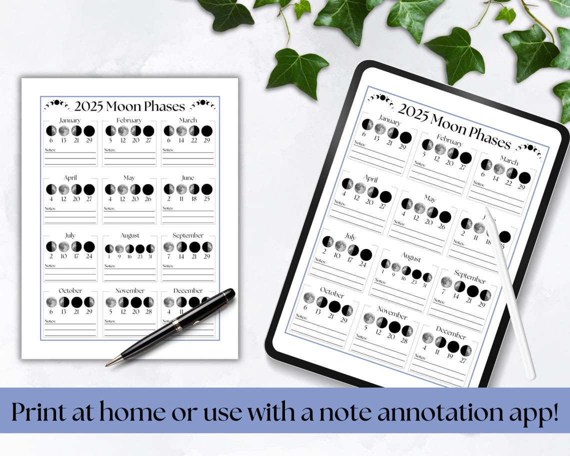 Moon Phase Calendar Printable, Moon Phases Calendar, Lunar Phase ...
