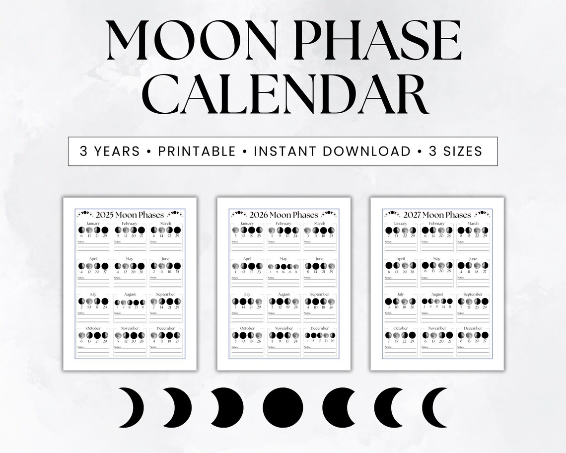 Moon Phase Calendar Printable, Moon Phases Calendar, Lunar Phase ...